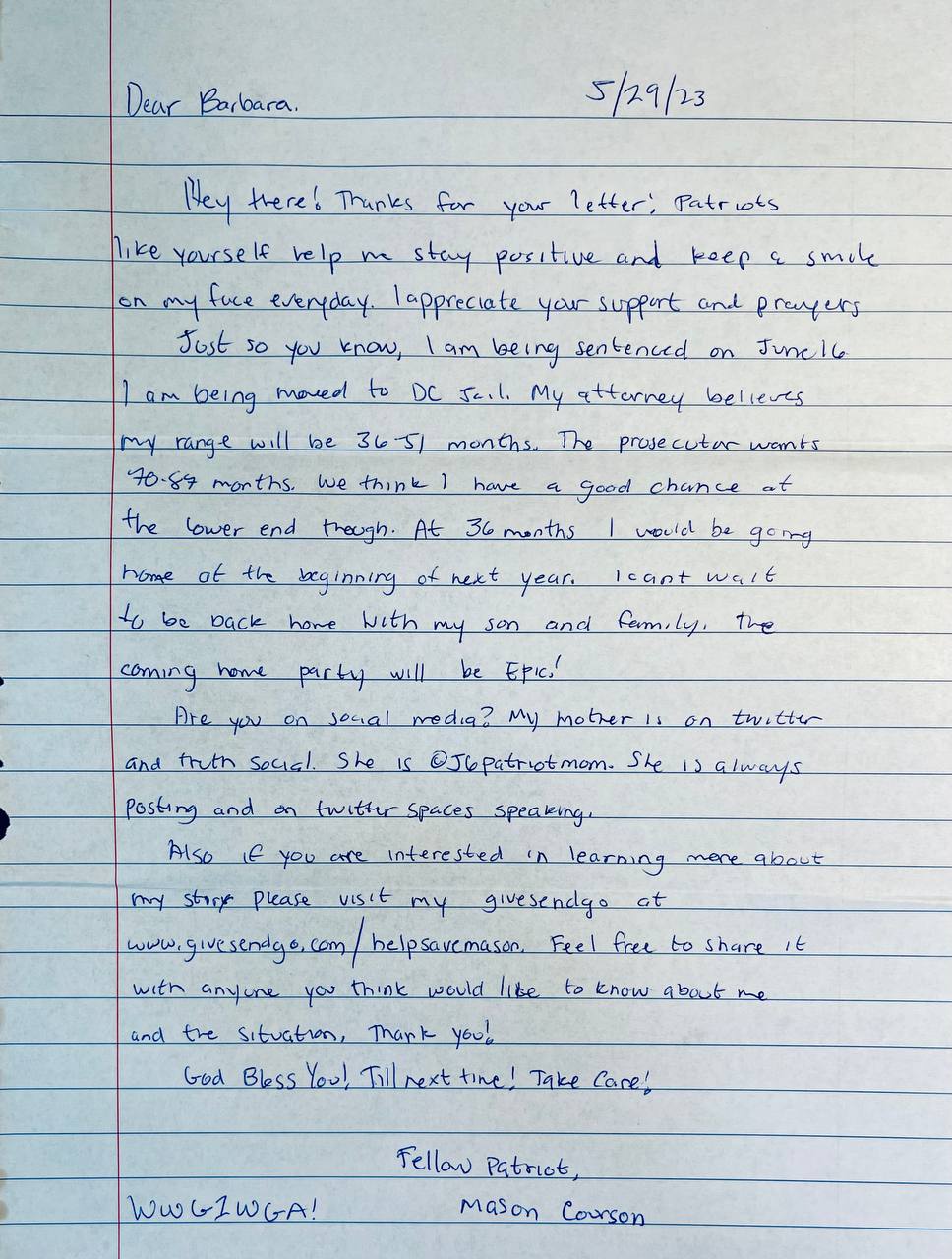 LETTERS FROM PRISON: MASON COURSON 05-29-23 - J6PatriotNews
