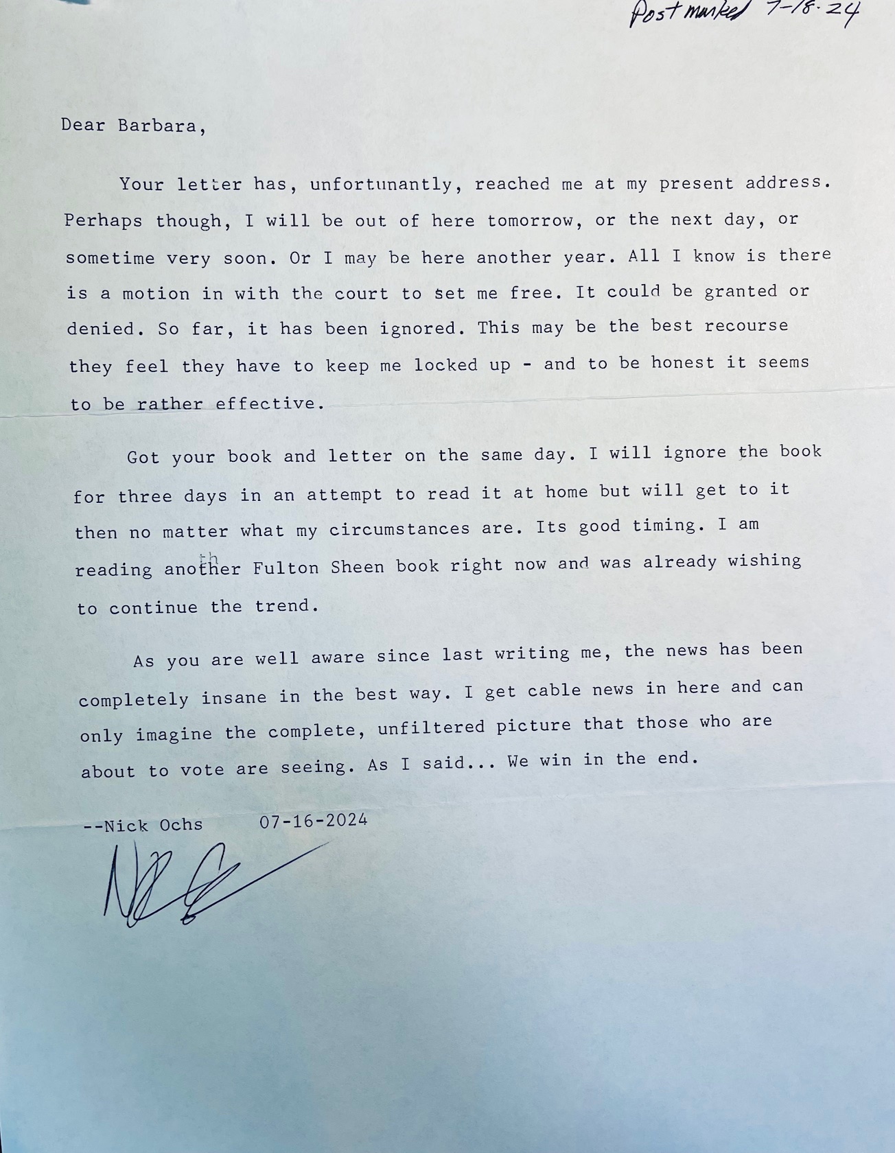 LETTERS FROM PRISON: NICK OCHS MAY-JULY 2024 - J6PatriotNews